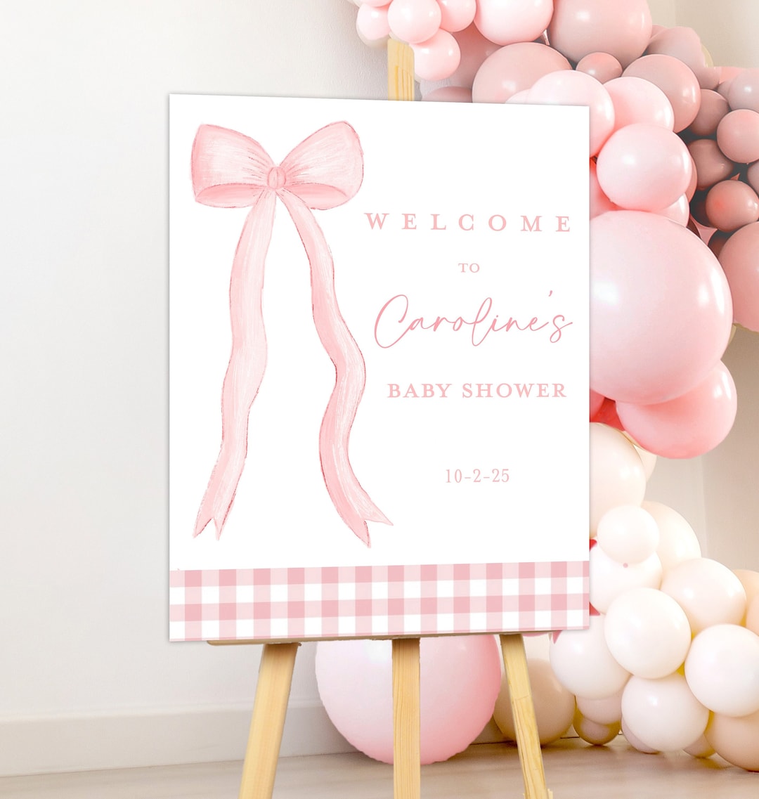 Pink Bow Baby Shower Welcome Sign, Ribbons and Bows Baby Shower Girl ...