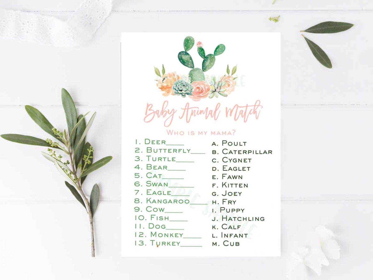 Cactus Baby Shower Game Nursery Rhyme Quiz Pink Cactus Watercolor ...