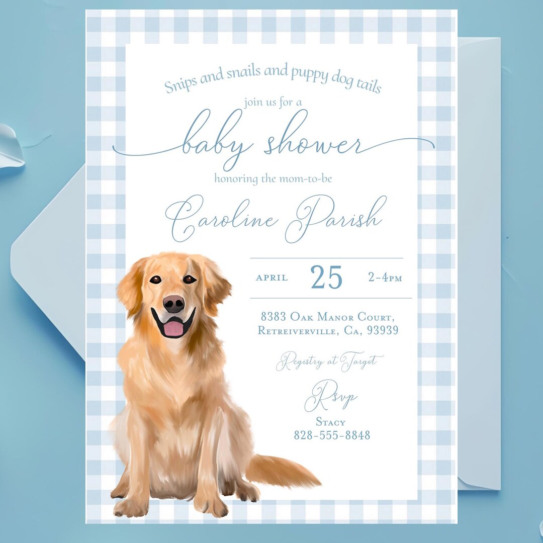 Blue Puppy Dog Baby Shower Invitation, Golden Retriever Baby Shower ...