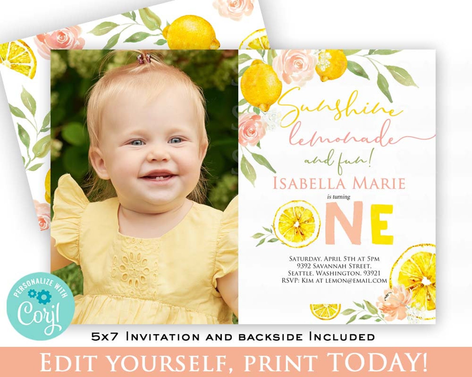 LEMONADE First Birthday Invitation Pink Lemonade Birthday | Etsy