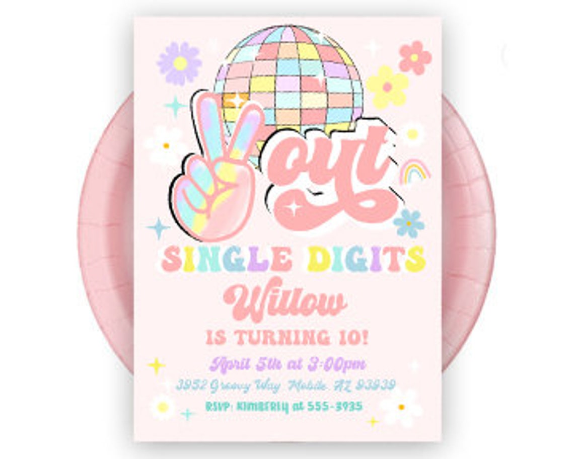 Editable Peace Out Single Digits Invitation Groovy 10th Birthday Party ...