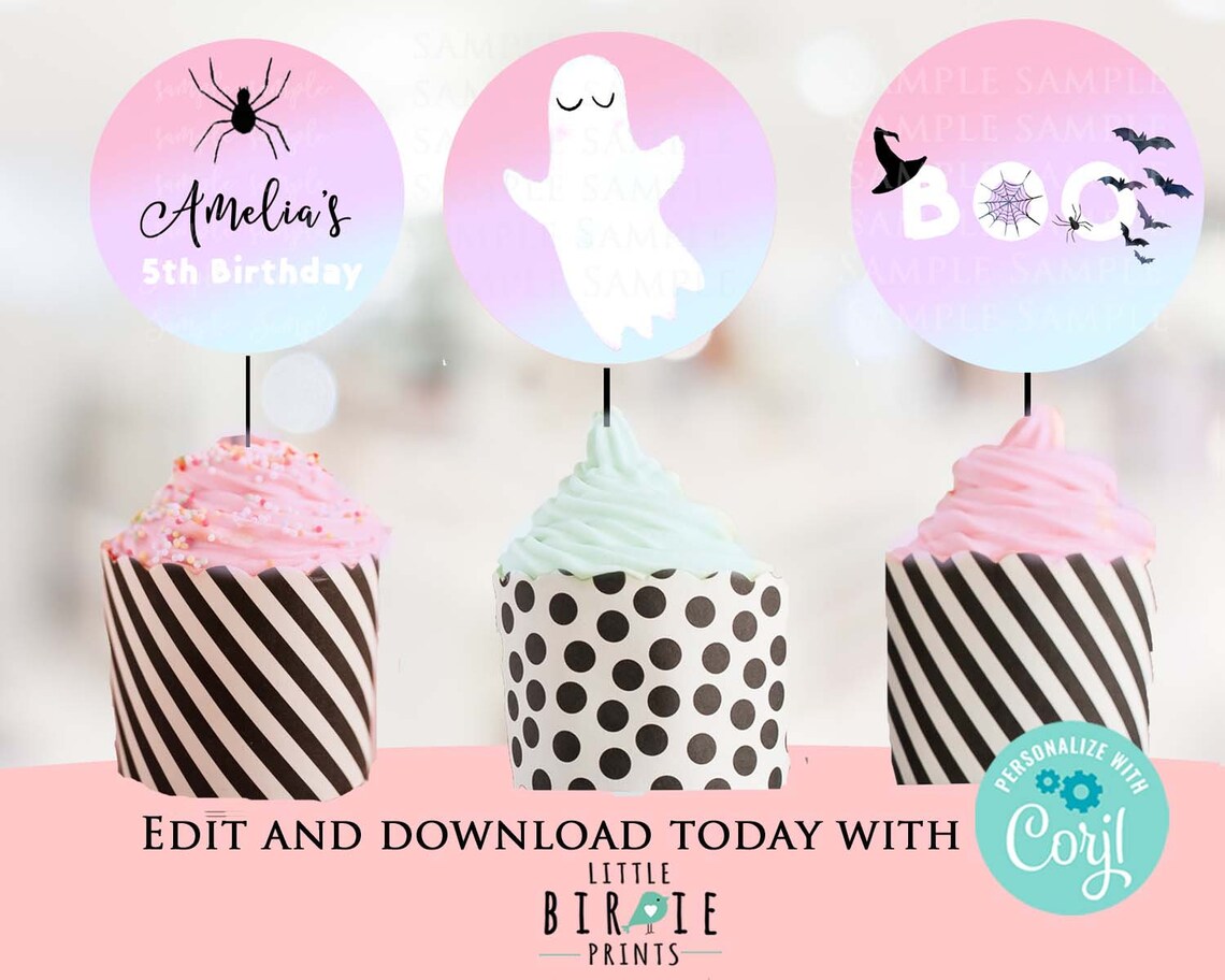 Pink Halloween Cupcake Toppers Pink Halloween Birthday Party - Etsy