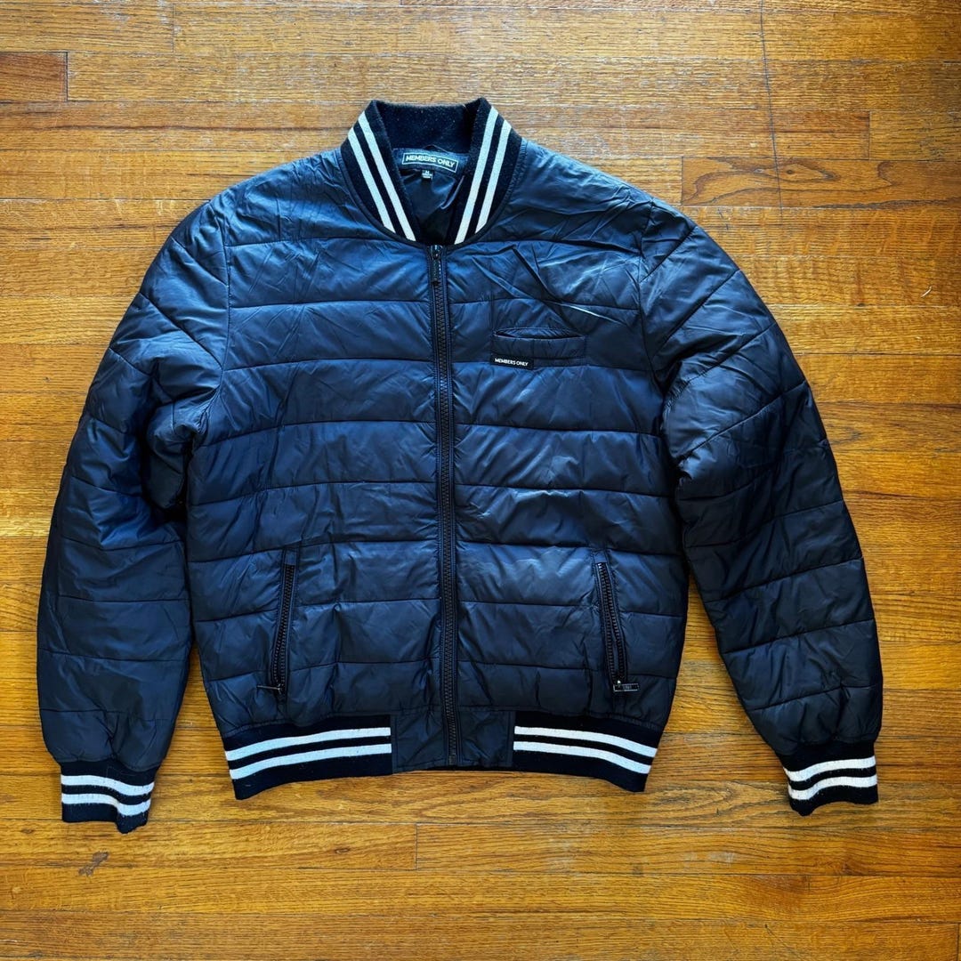 Members Only Puffer Bomber Jacket Black Varsity Ribbed Collar Cuffs ...