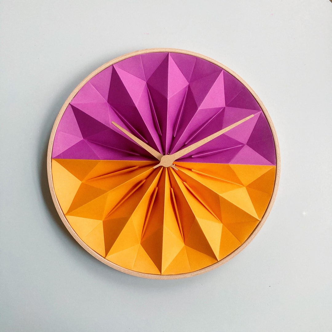 Paper Origami Clock With Wooden Frame, Magenta and Fresh Orange, First ...