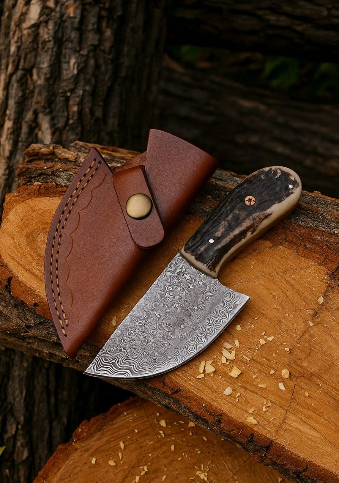 Handmade Damascus Steel Cleaver Knife With Stag Antler Handle & Leather ...