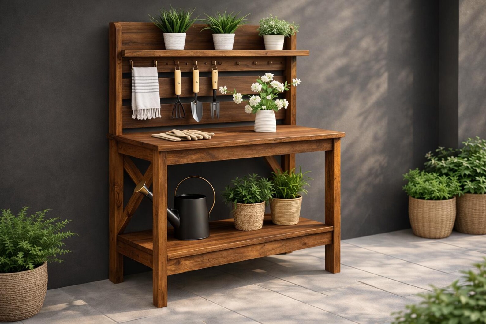 Simple 2x4 Potting Bench Plan – Slatted Back DIY Garden Workstation PDF ...