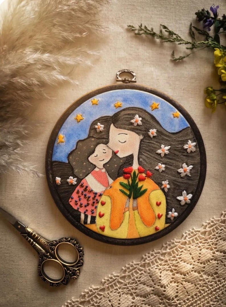 Mother Daughter Mixed Media Art – Hand-painted Embroidered Portrait ...