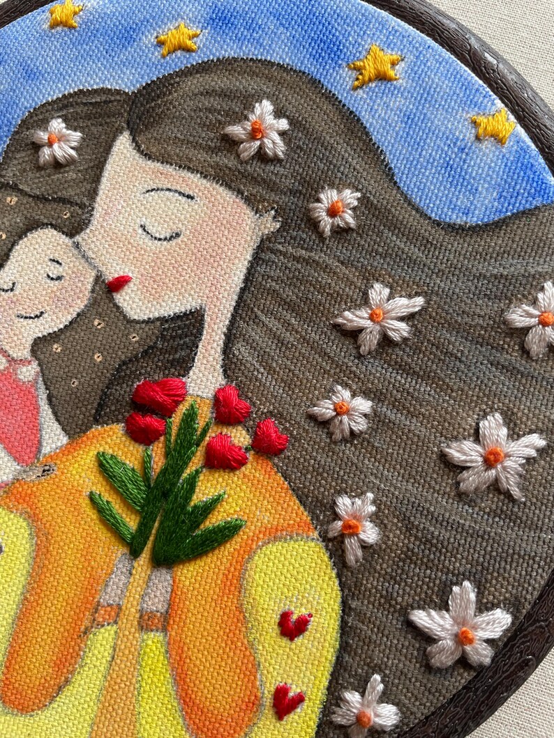 Mother Daughter Mixed Media Art – Hand-painted Embroidered Portrait ...