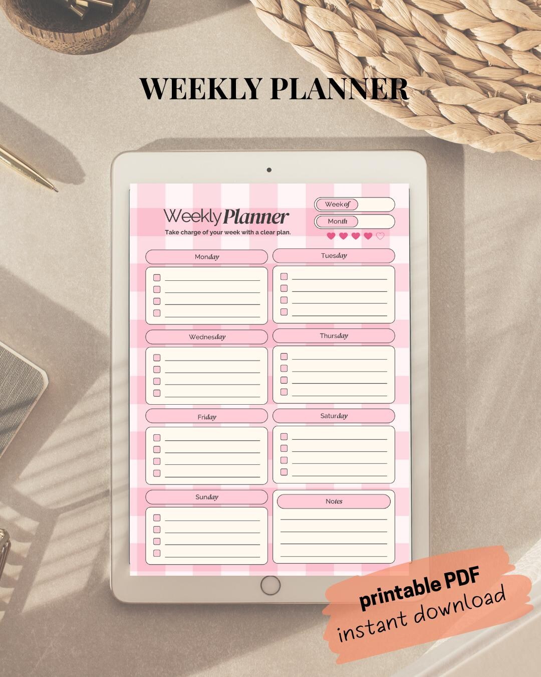 Pink Weekly Planner Printable | Digital Weekly Schedule Template | Cute ...