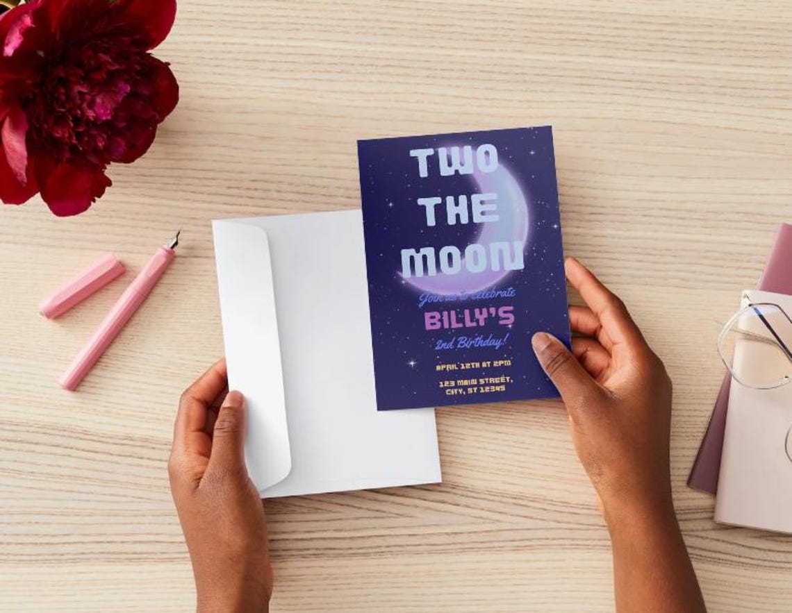 TWO the MOON Birthday Invitation | Editable 2nd Birthday Invite | Space ...