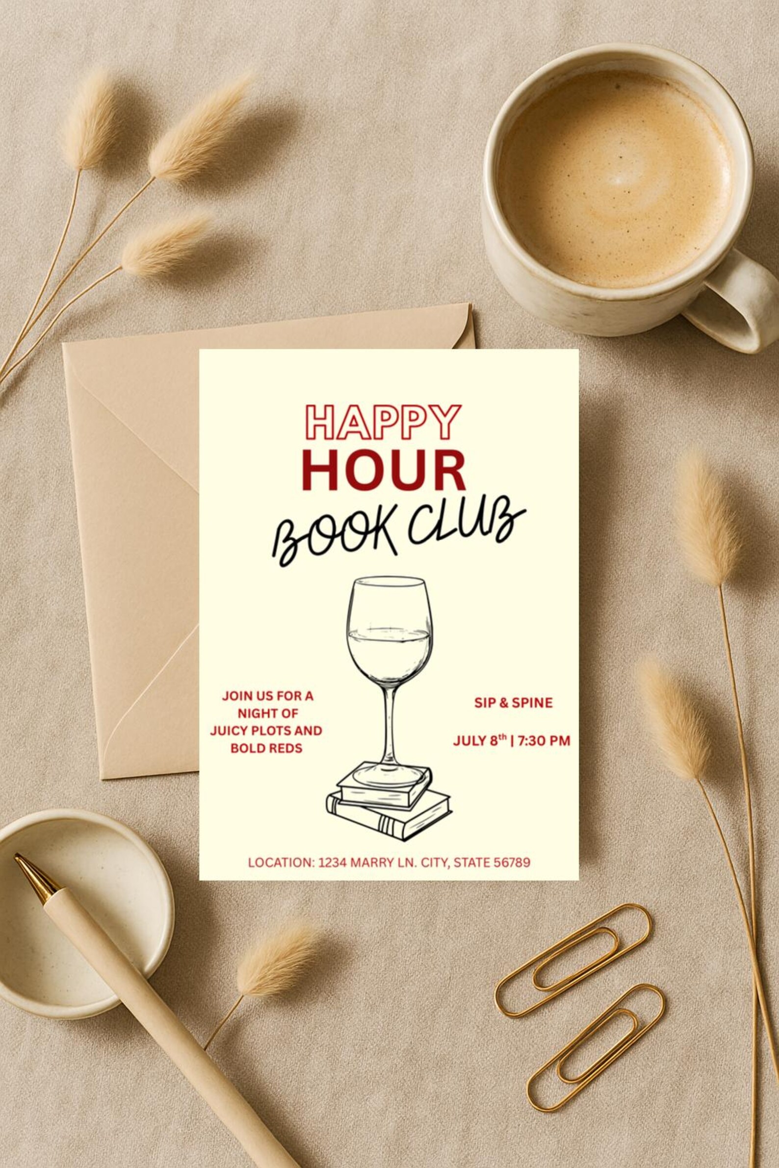 Happy Hour Book Club Invitation, Downloadable Bookish Invite, Wine ...