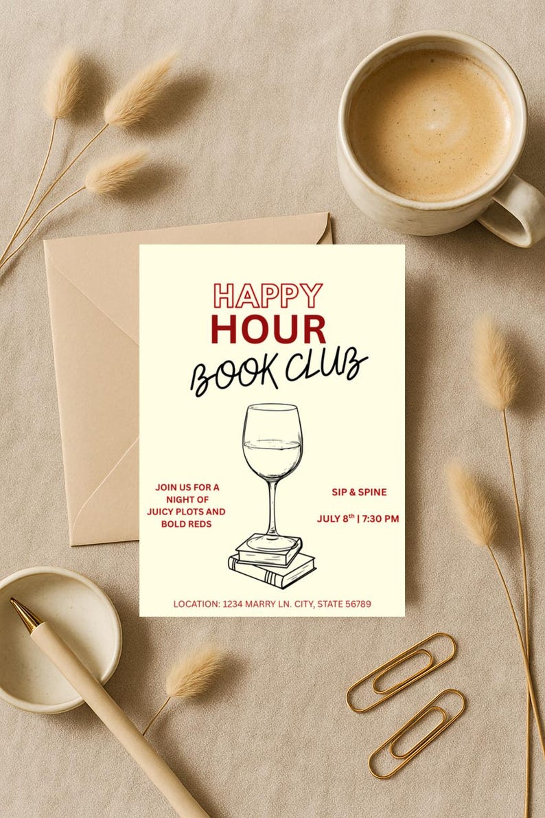 Happy Hour Book Club Invitation, Downloadable Bookish Invite, Wine ...