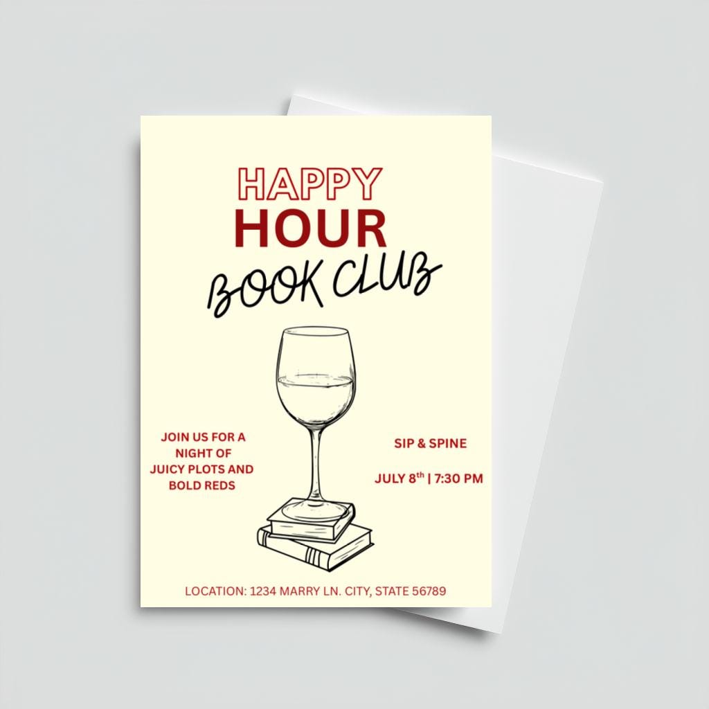 Happy Hour Book Club Invitation, Downloadable Bookish Invite, Wine ...