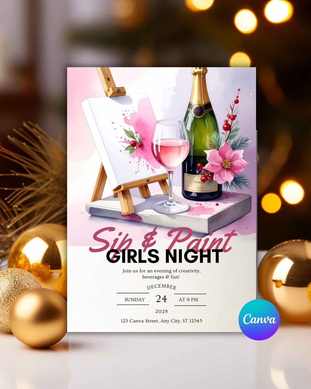 Christmas Sip and Paint Invitation: Girls Night, Editable Canva ...