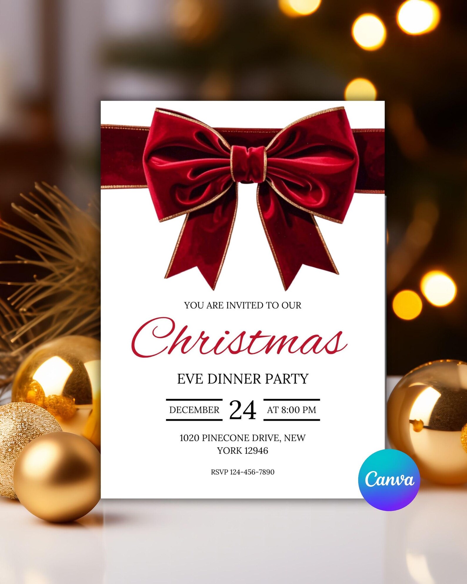 Christmas Dinner Invitation Red Bow Christmas Party Editable Canva