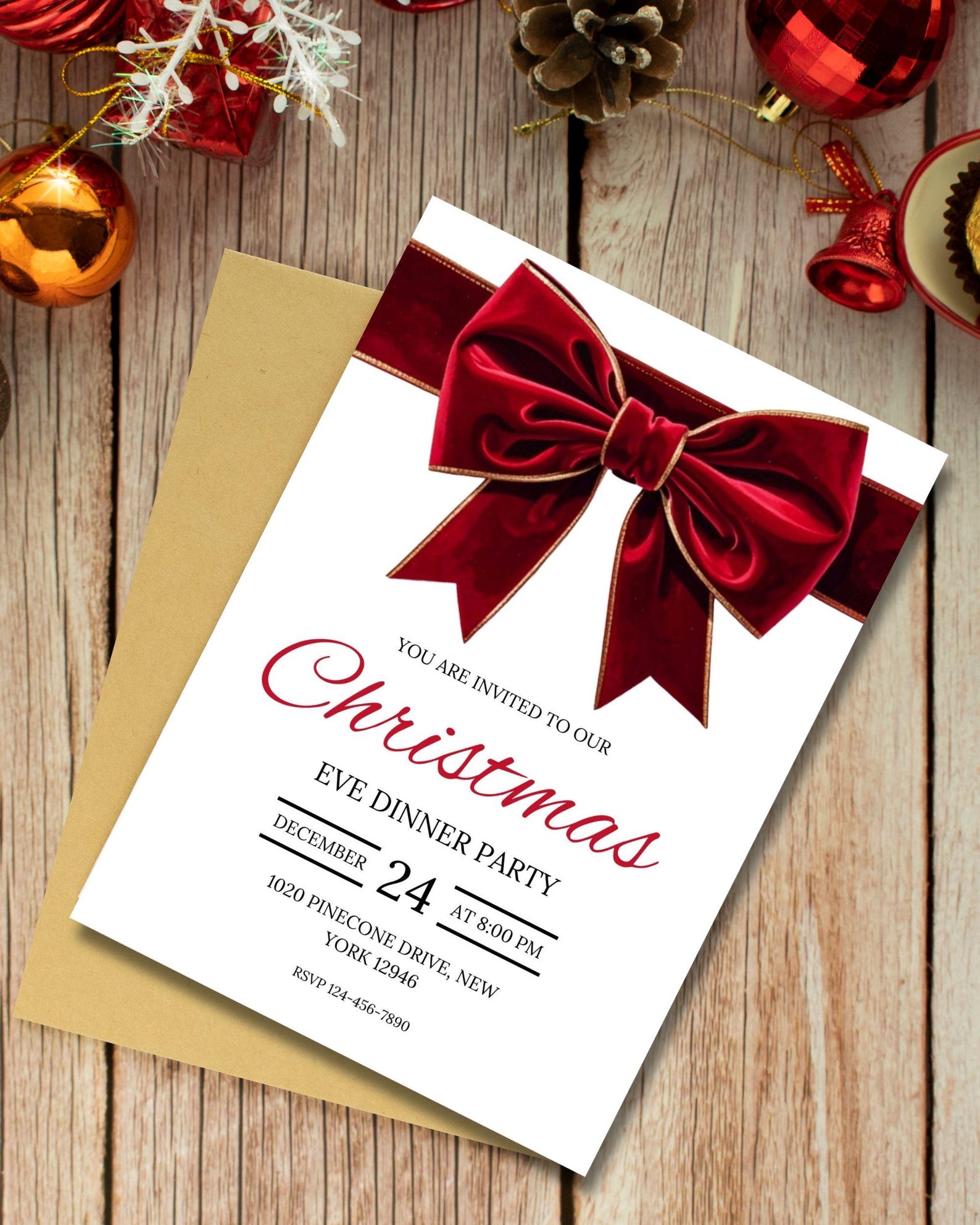 Christmas Dinner Invitation: Red Bow Christmas Party (editable Canva ...