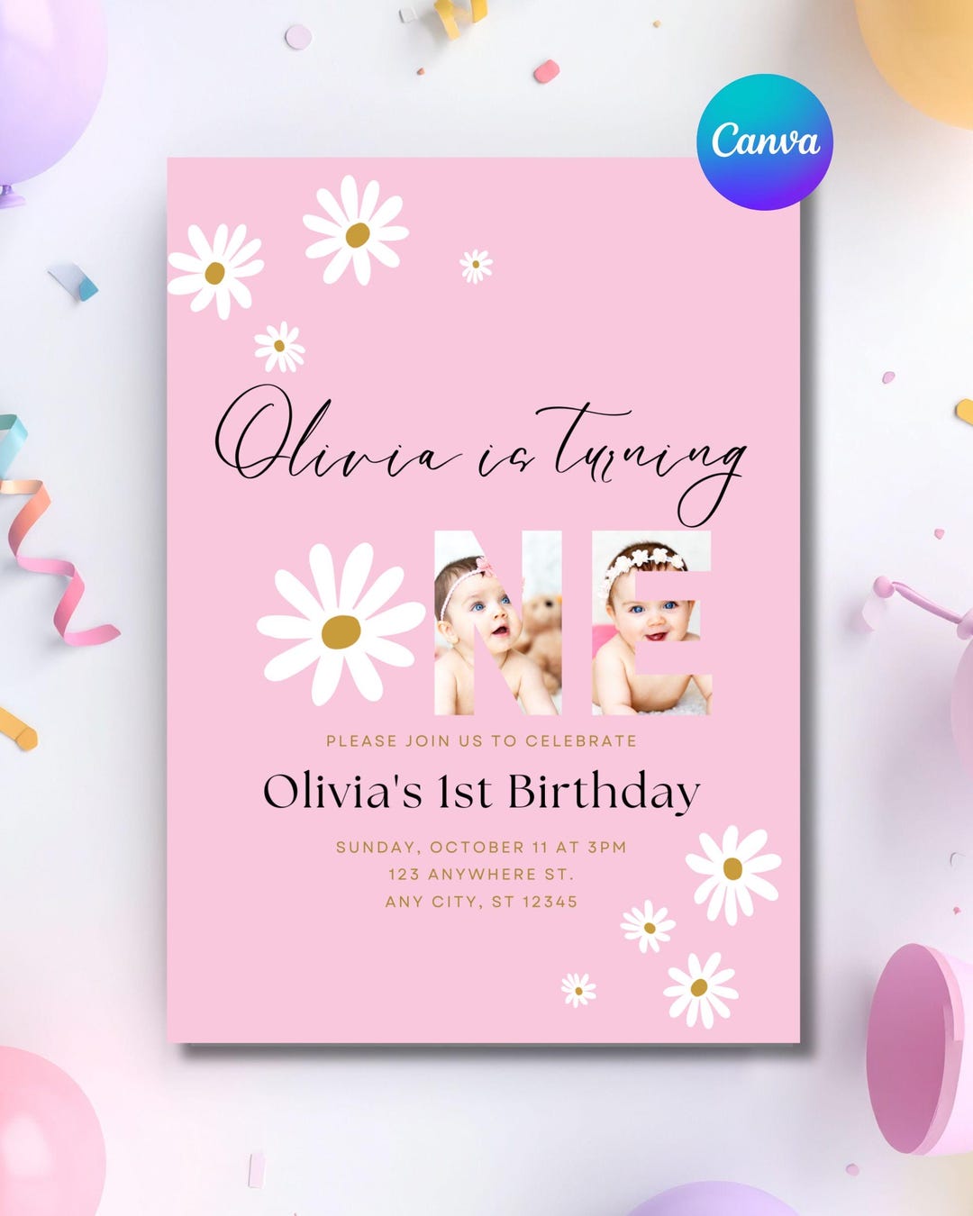 Pink Daisy 1st Birthday Invitation: Photo Template (editable Canva ...