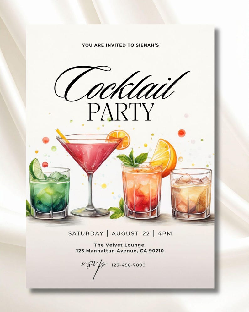 Editable Cocktail Party Invitation: Elegant Drink & Celebrate Theme ...