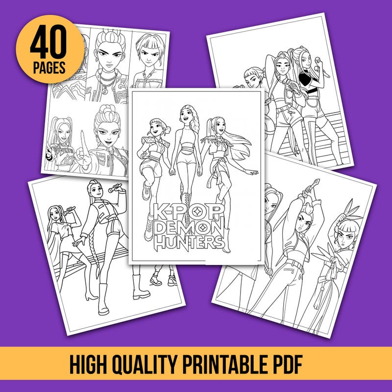 Huntrix kpop demon hunters characters colouring pages - Etsy Nederland