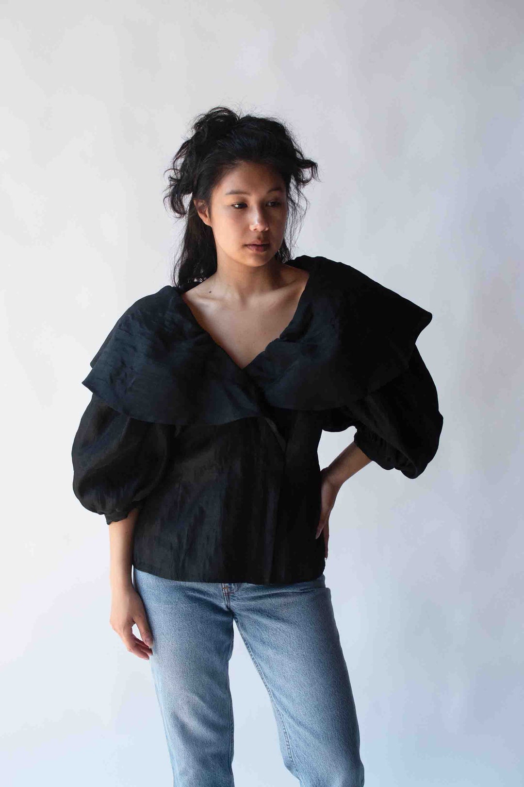1990s Black Portrait Collar Blouse | Oscar De La Renta - Etsy