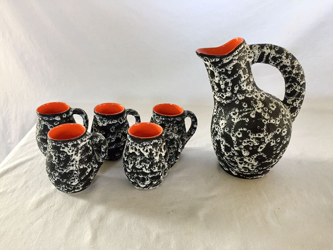50s Pottery WINE Lemonade PITCHER & 5 Cups Mugs Vintage Crusty Cyclops ...