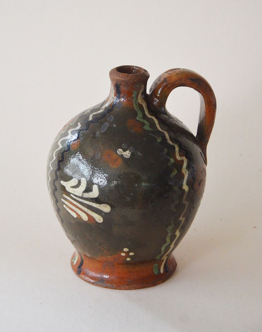 19th-century Vintage ANTIQUE SWISS Pottery JUG Folk Art Handarbeit ...