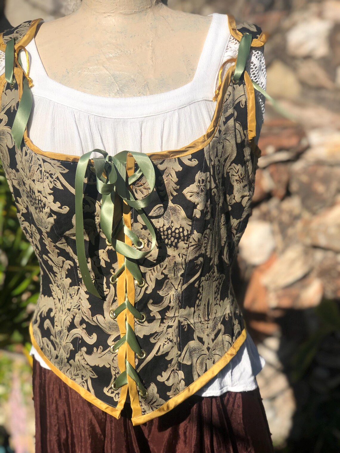 Gold Renaissance Bodice: Corset Style, Ribbon Lace Up, Boneless, LARGE ...