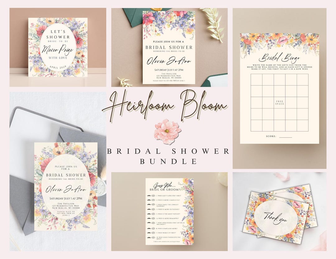 Heirloom Bloom Bridal Shower Bundle | Floral Invitation & Games ...