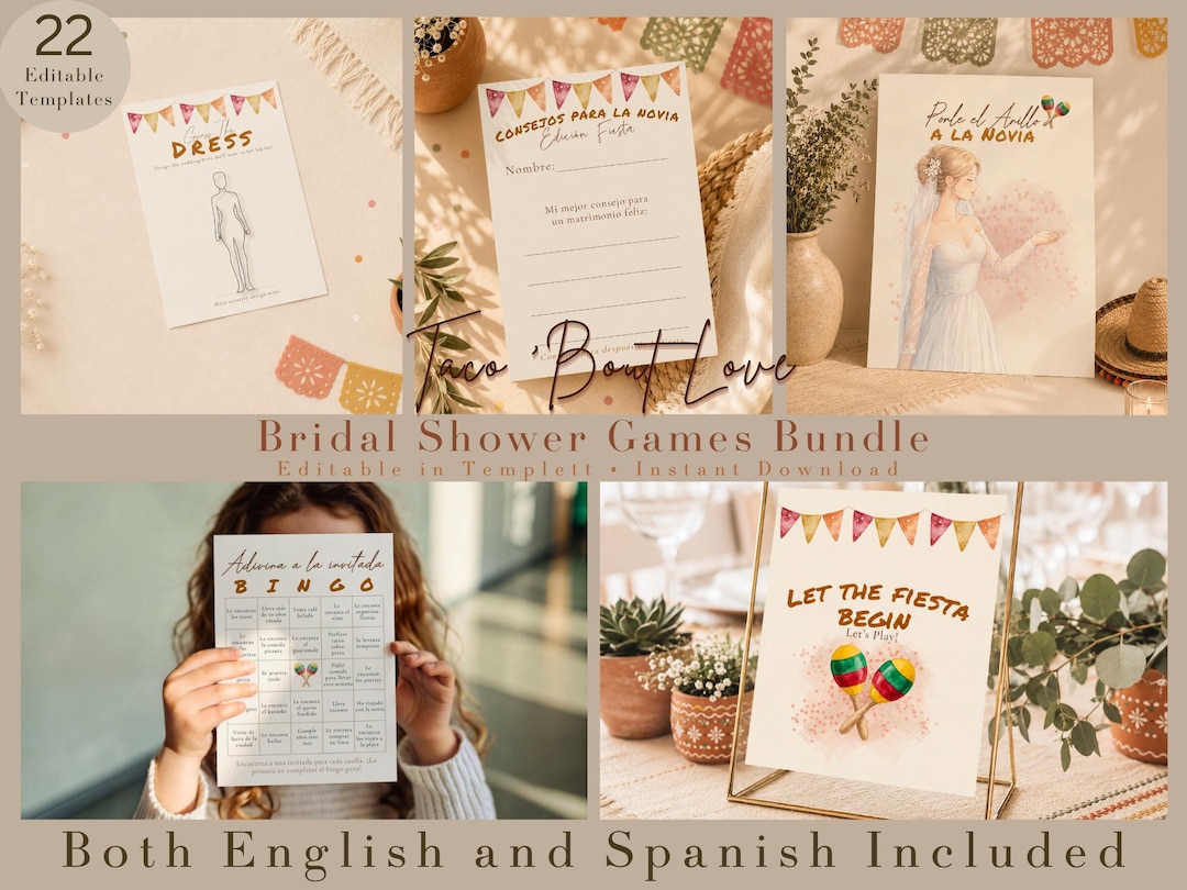 Bilingual Bridal Shower Games Bundle, English & Spanish Fiesta Bridal ...
