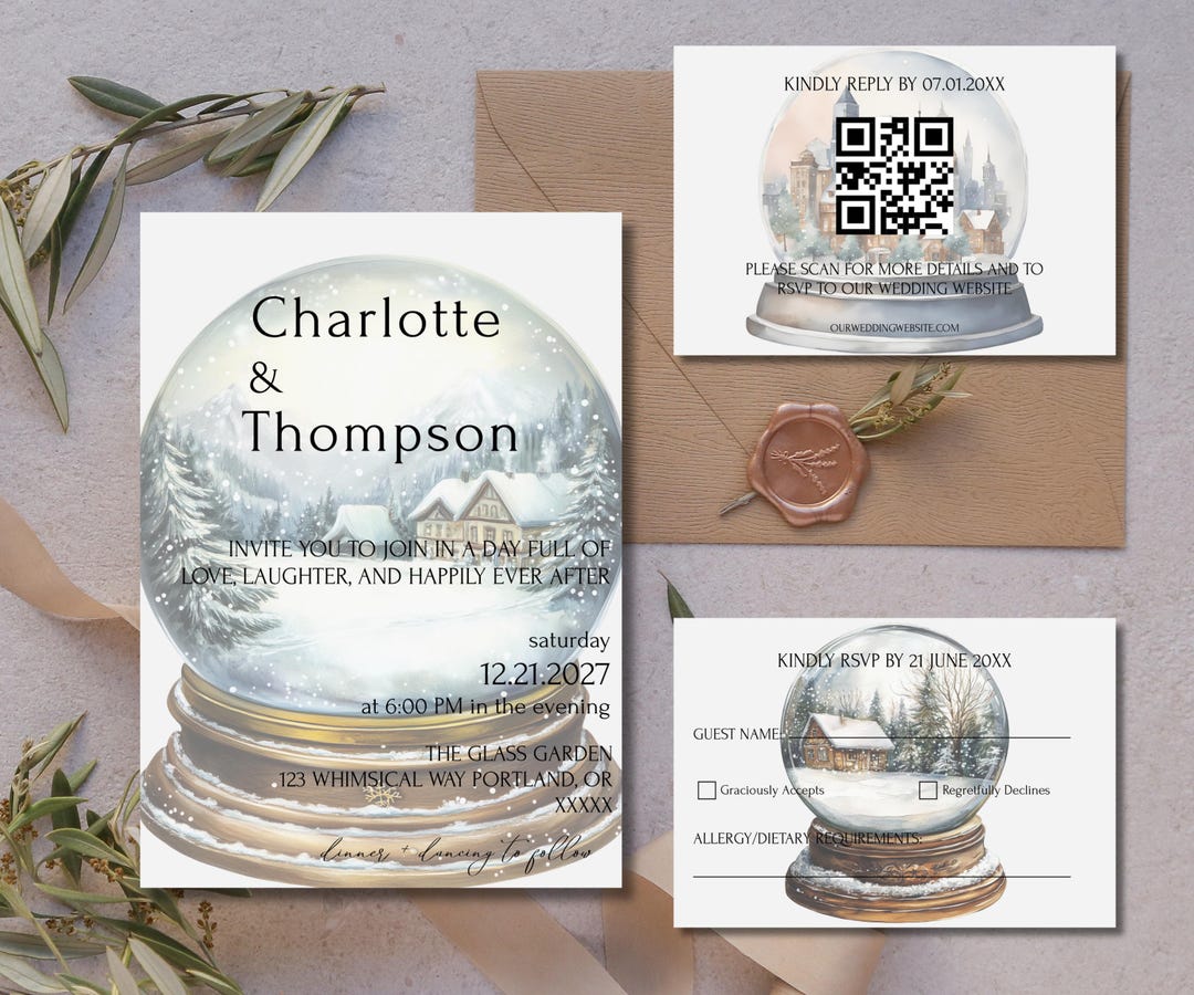 Snow Globe Winter Wedding Invitation & RSVP Set (templett Editable) - Etsy