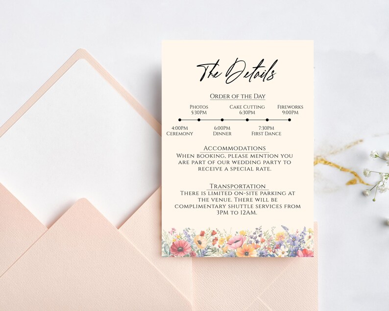 Editable Wedding Details Card Template 3.5x5 | Floral Wedding ...