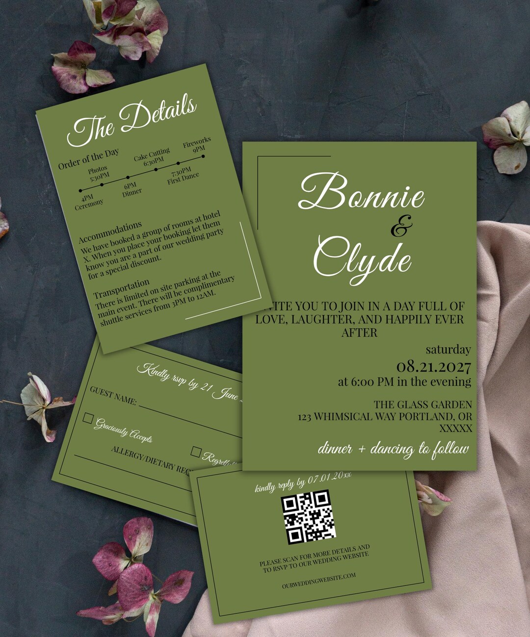 Olive Green Wedding Invitation Suite | Minimalist Script + Serif ...