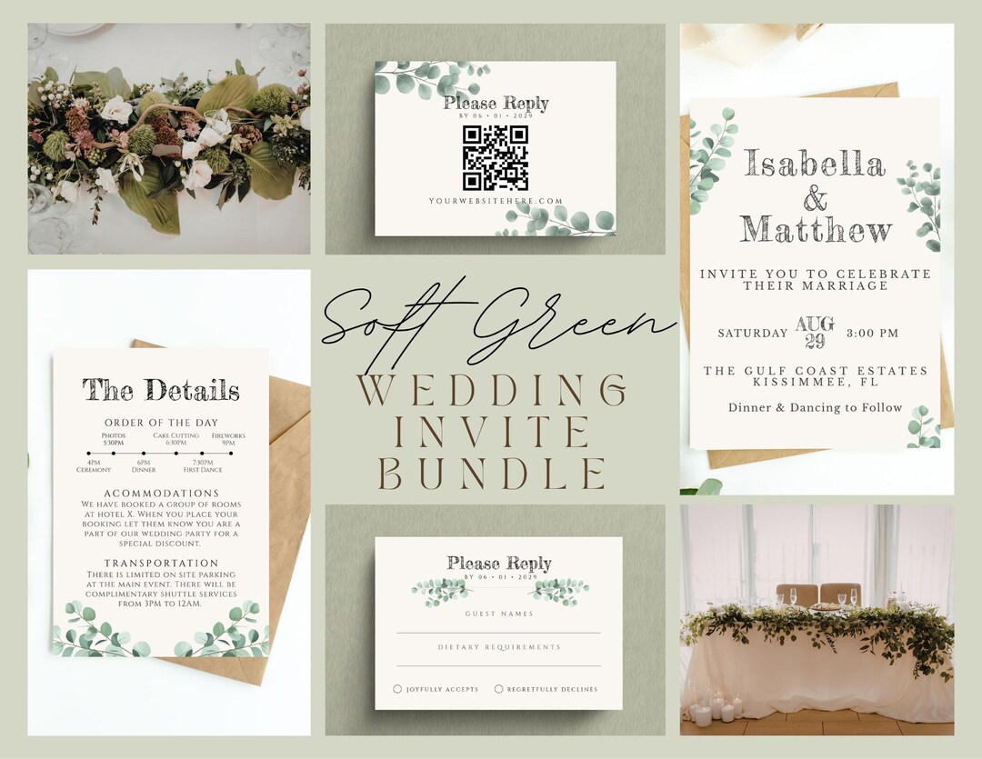 Soft Green Minimal Wedding Invitation Suite | Editable Invite RSVP ...