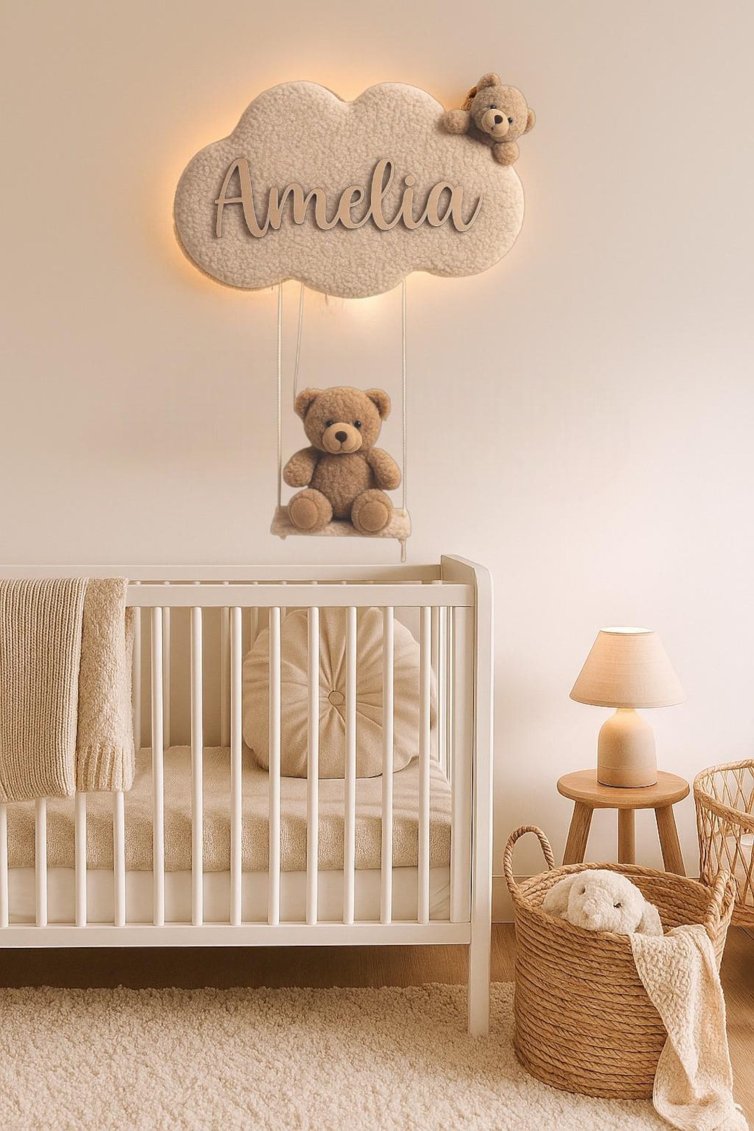 Nursery Wall Light - Battery Operated 12v Back Lit Led-boucle Cloud ...