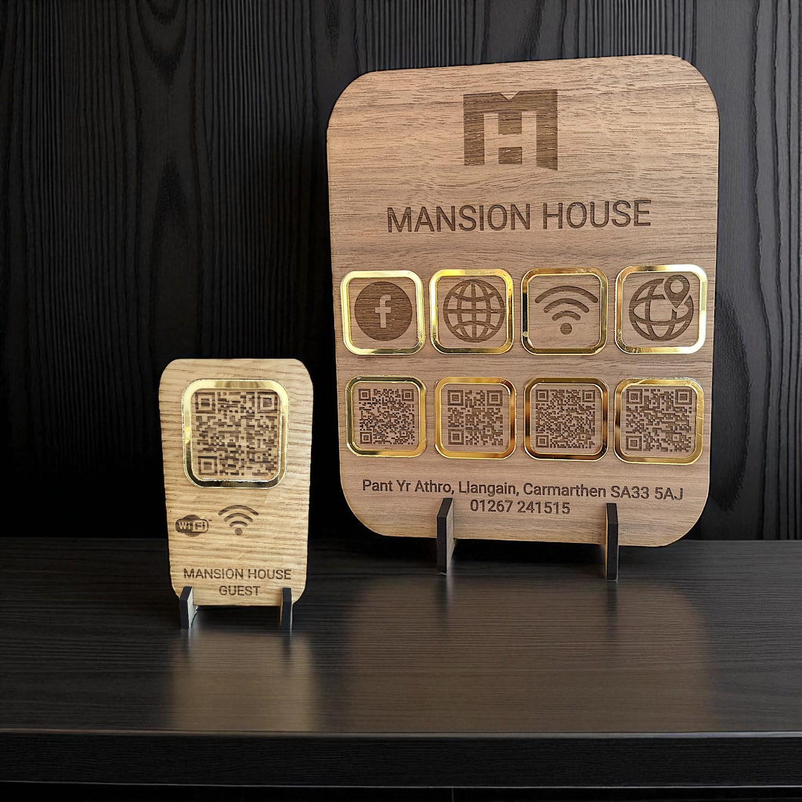 Wooden QR Code Information Plaque With Stand and Optional Wifi Key Tags ...