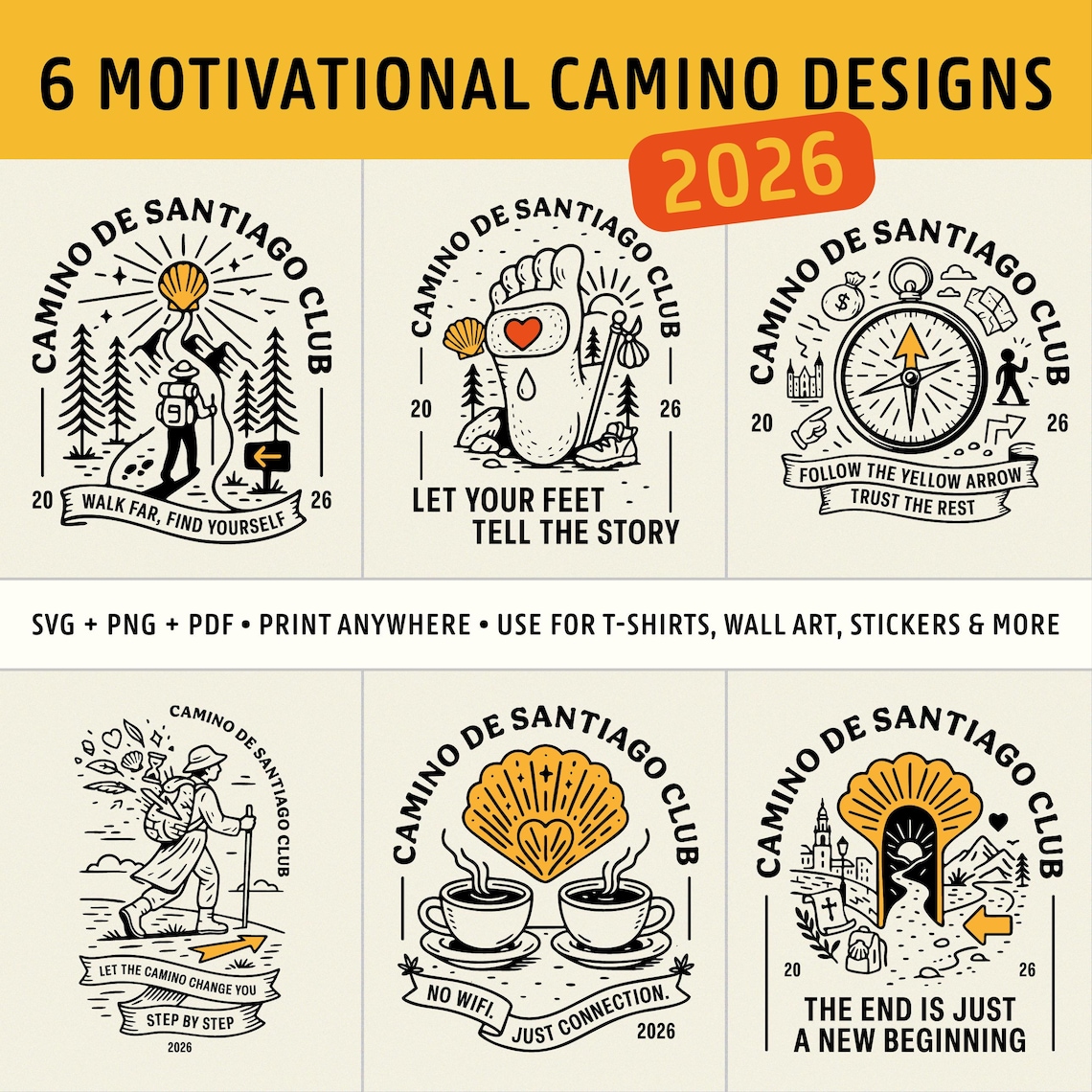 Camino De Santiago SVG Set: Pilgrim Quotes, Yellow Arrow & Shell ...