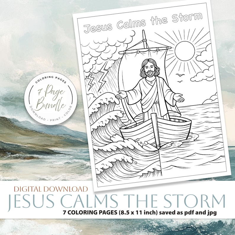 Jesus Calms the Storm Coloring Pages | Sunday School Activity (digital ...
