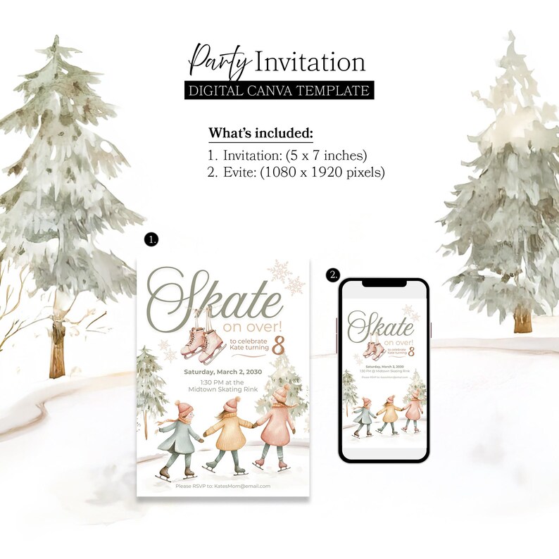 Skate on Over Birthday Party Invitation | CANVA Template | Ice Skating Birthday | Winter ...