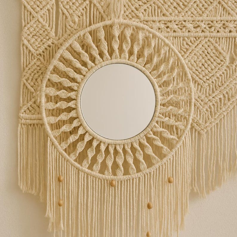 Macrame Mirror Wall Hanging - Boho Round Wall Decor - Handmade Natural Fiber Art - Bohemian ...