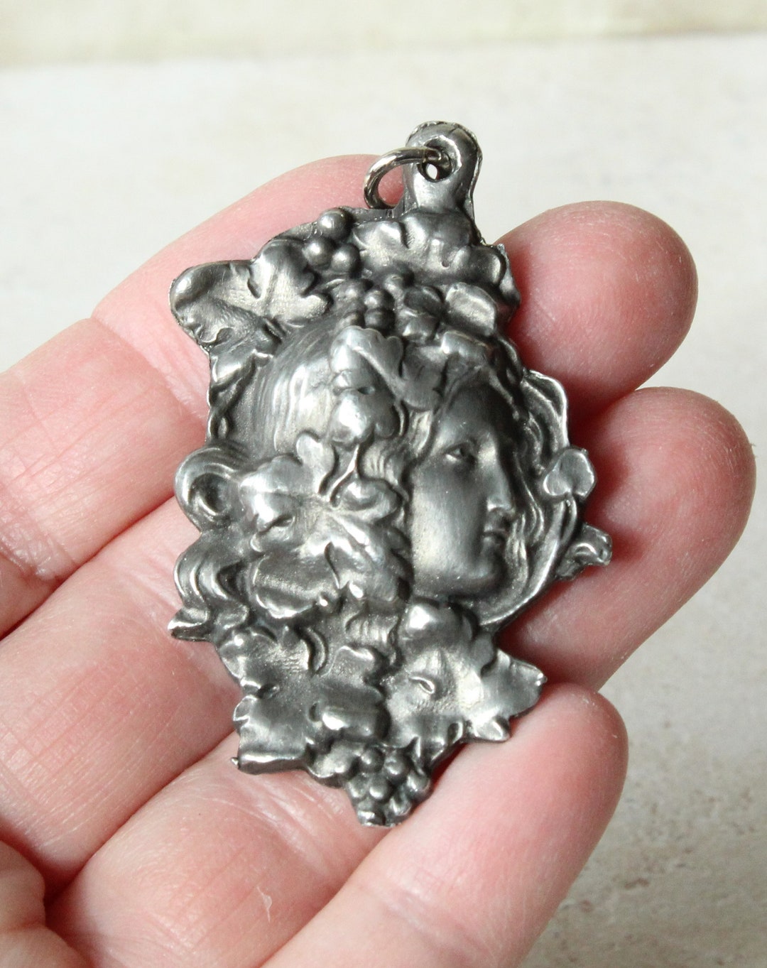 Art Nouveau Ladies Profile Pendant - Grapes Large Cameo - Mucha Style ...