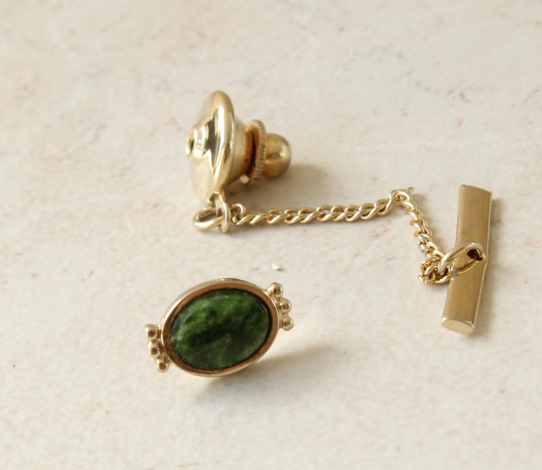 Nephrite Jade Tie Tack With Clutch and Button Stay Gold Tone Vintage - Etsy