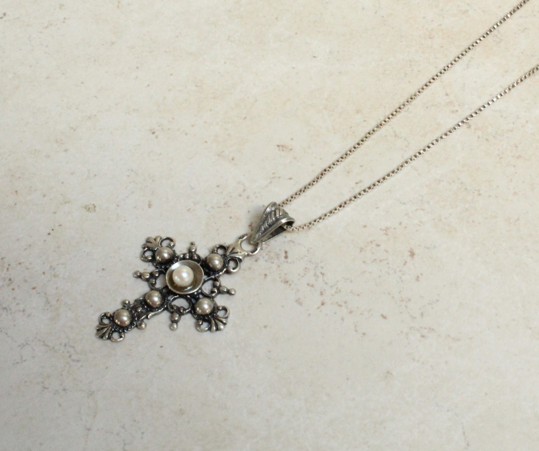 European Pearl Cross Pendant Necklace 835 Silver 18 Inch Chain Older ...