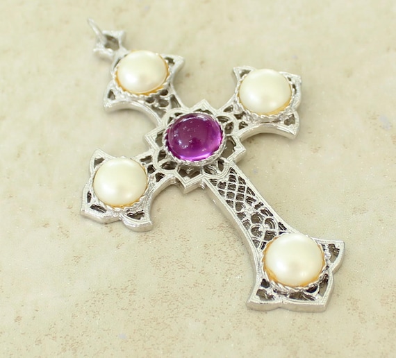 Sarah Coventry Cross Pendant Large Faux Pearl Amethys… - Gem