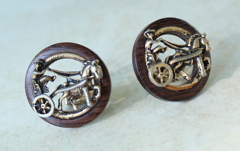 Large Wooden Cufflinks Horse & Buggy Motif Vintage Pat. 2472958 - Etsy