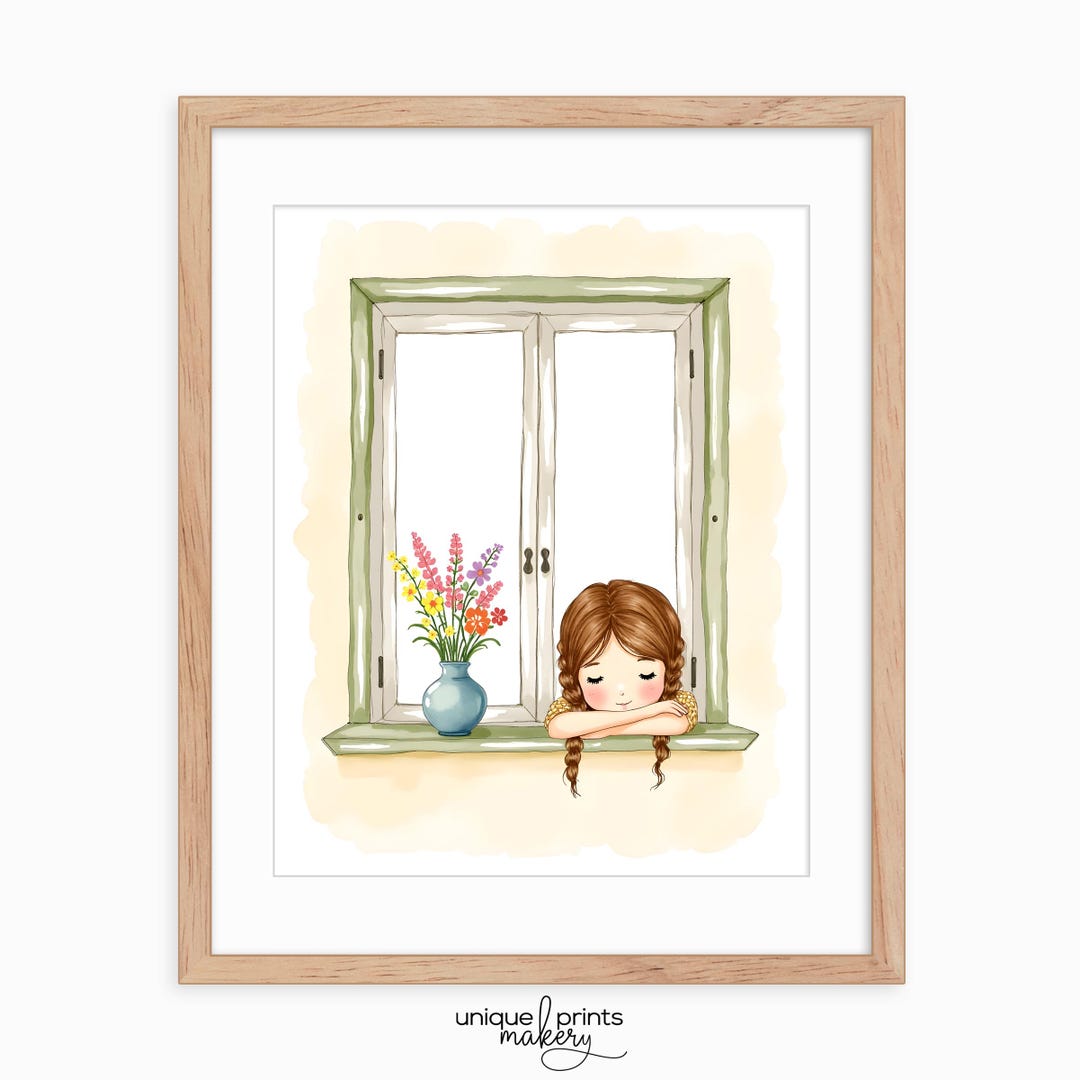Rustic Printable Cottage Girl Art - Charming Window Scene, Whimsical ...