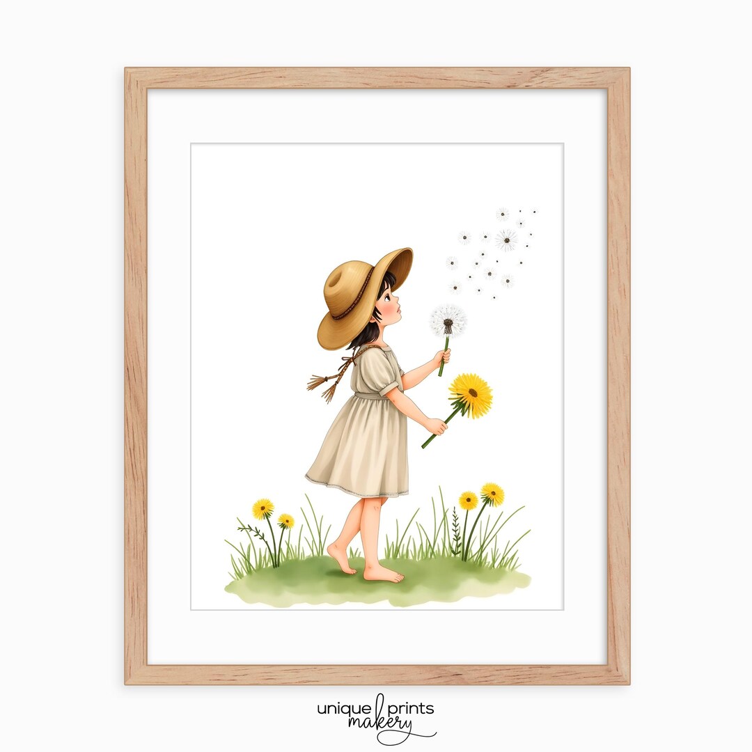 Vintage Cottage Girl With Dandelion - Rustic Spring Wall Art, Printable ...