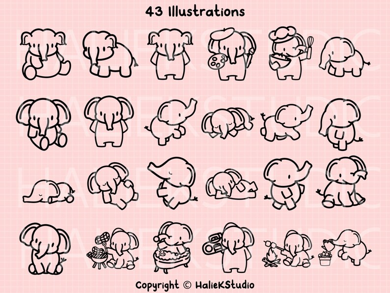 43 Cute Elephants SVG Bundle - Cute Kawaii or Chibi Elephants Images in ...