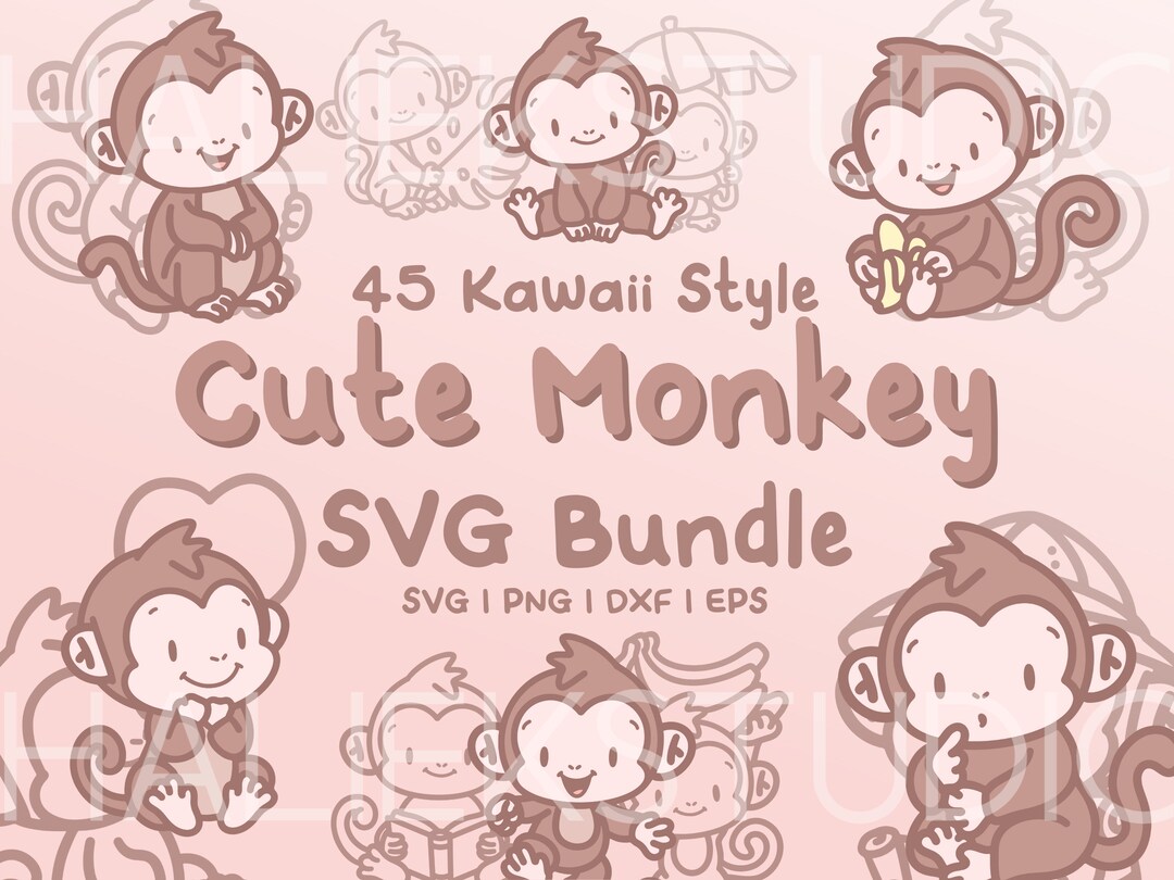 45 Monkeys SVG Bundle - Cute Kawaii or Chibi Monkey Images in SVG, Png, Dxf, or Eps Files to Use ...