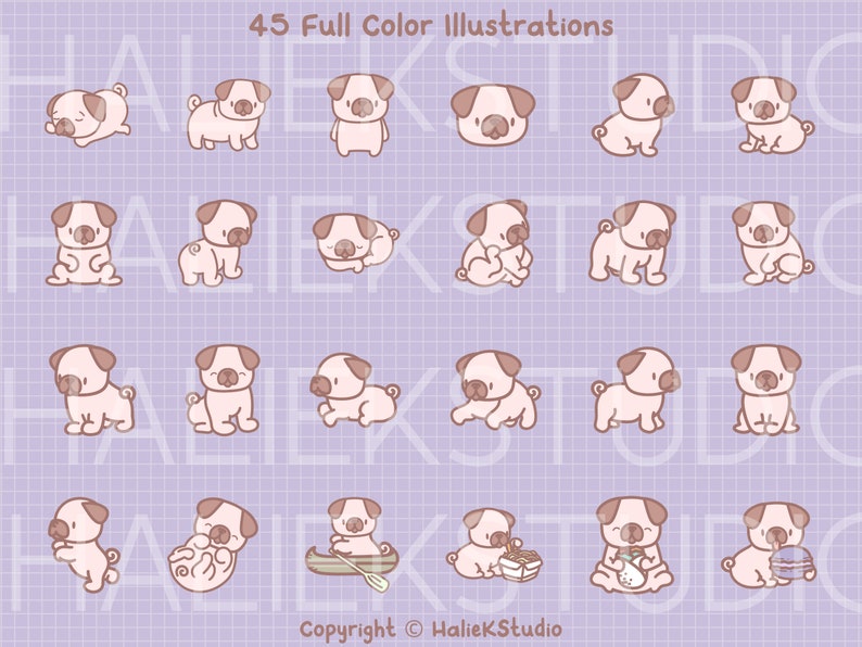 45 Cute Pug Dogs Premium Clip Art Bundle - Cute Kawaii or Chibi Full ...
