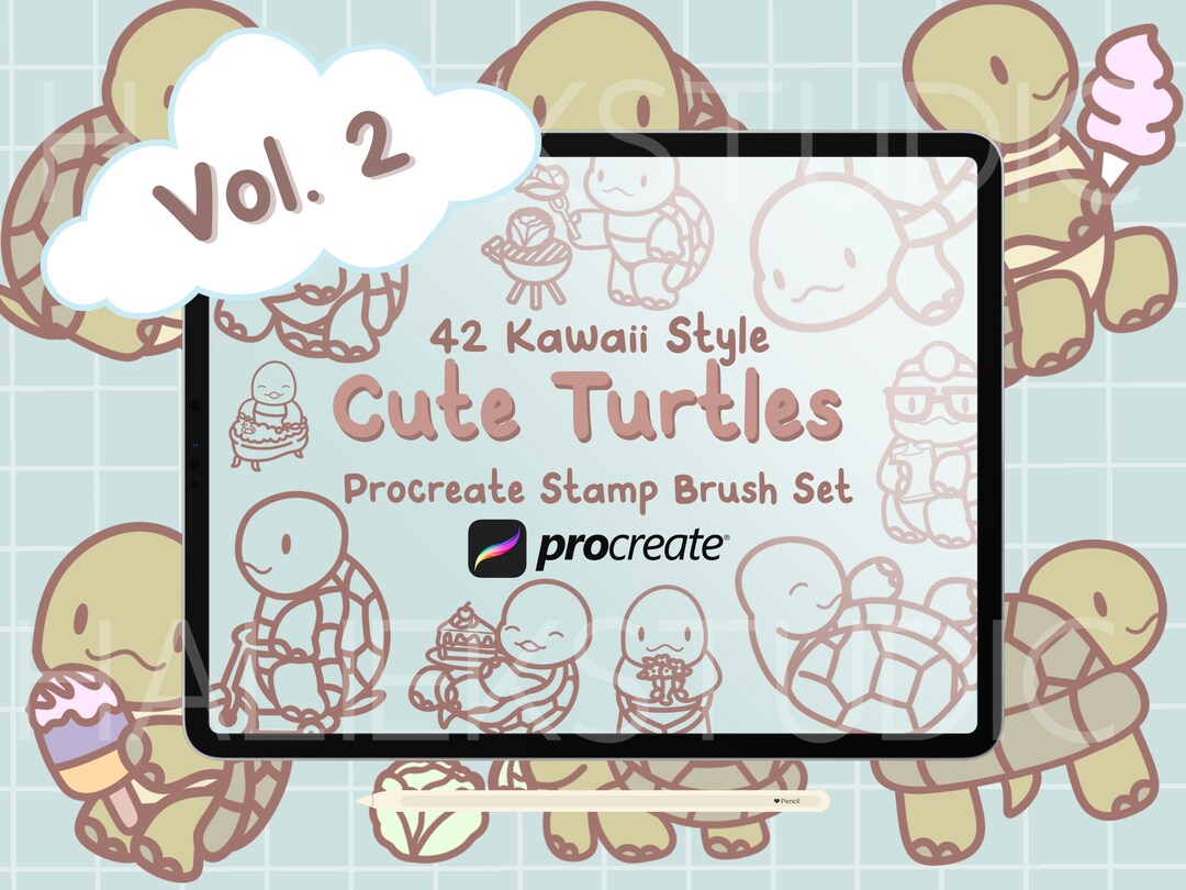 42 Cute Turtles Vol. 2 Procreate Stamps Brush Set - Cute Kawaii Style Turtles Procreate Brushes ...